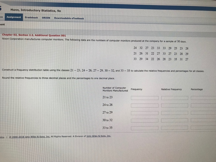 Solved Mann, Introductory Statistics, 9e Gradebook ORION | Chegg.com
