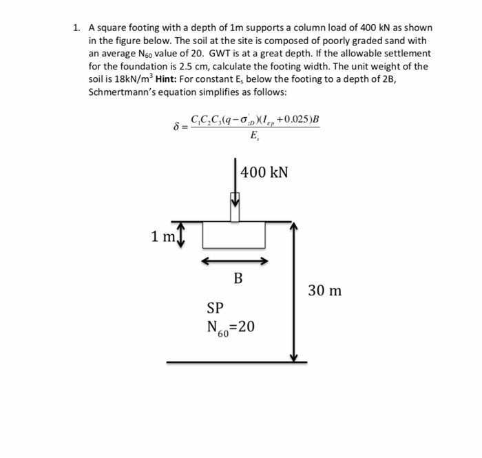 A square footing with a depth of 1m supports a column load of 400 kN as shown in the figure ...