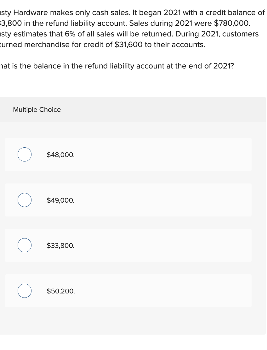 Solved isty Hardware makes only cash sales. It began 2021 | Chegg.com
