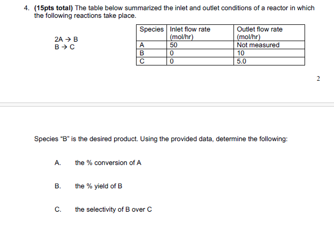 Solved (15pts total) ﻿The table below summarized the inlet | Chegg.com