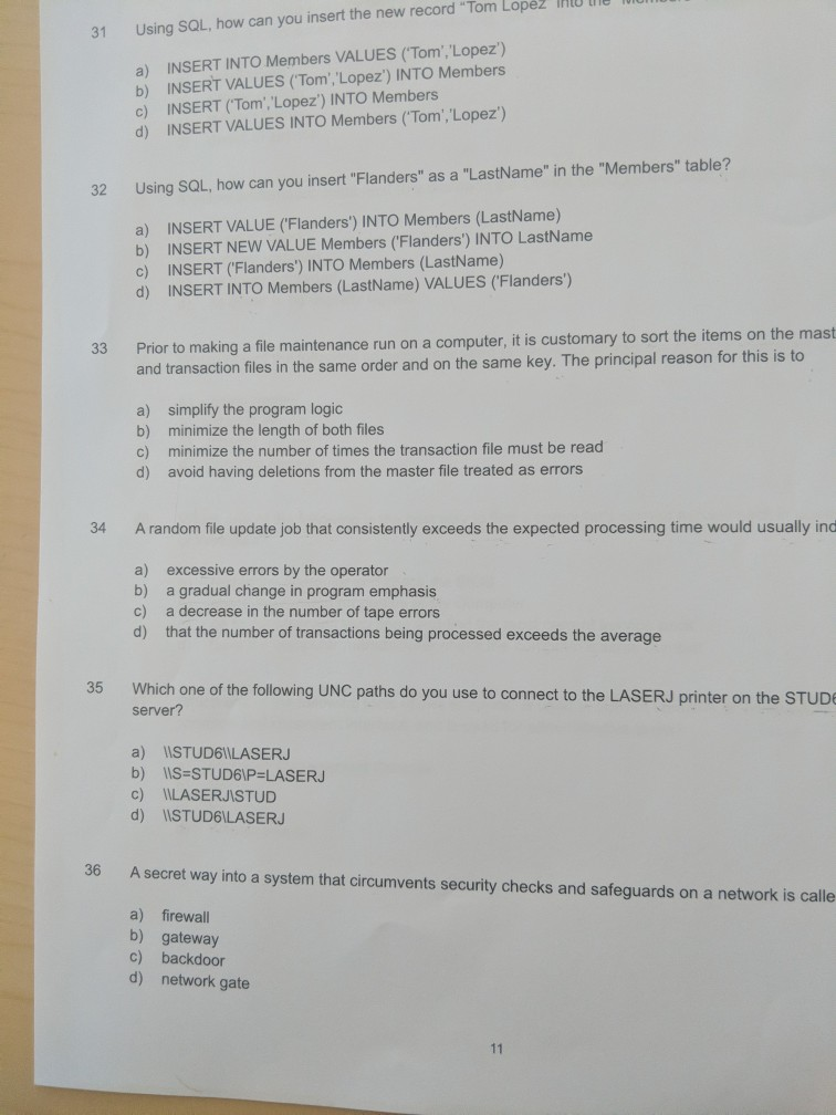 Solved Telu 31 Using SQL, how can you insert the new record | Chegg.com