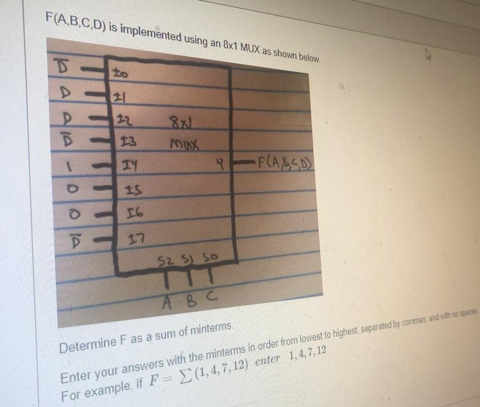 Solved F(A,B,C,D) is implemented using an 8x1 MUX as shown | Chegg.com