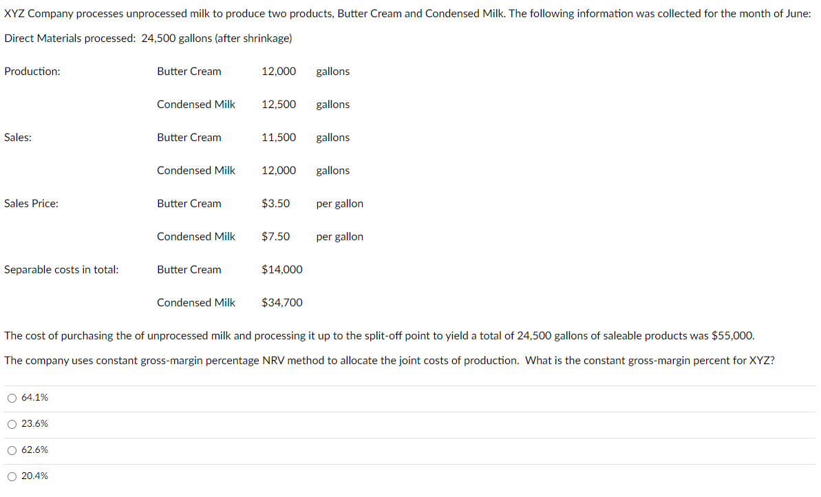 Solved XYZ Company processes unprocessed milk to produce two | Chegg.com