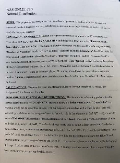 Solved ASSIGNMENT 9 Normal Distribution SETUP: The purpose | Chegg.com