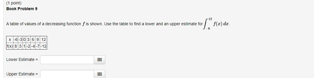Solved (1 point) Book Problem 9 f(2) dz. A table of values | Chegg.com