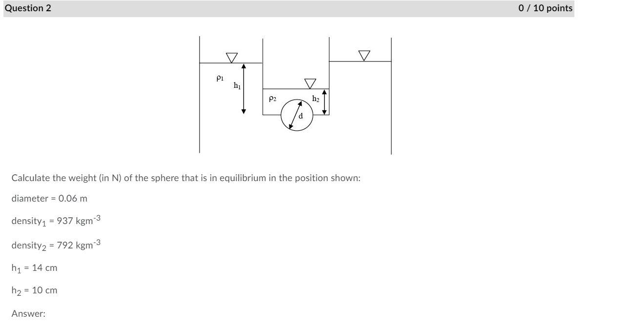 Solved Question 2 0 / 10 points pi h P2 h2 d Calculate the | Chegg.com