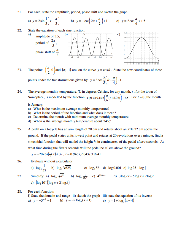 Solved 21. For each, state the amplitude, period, phase | Chegg.com