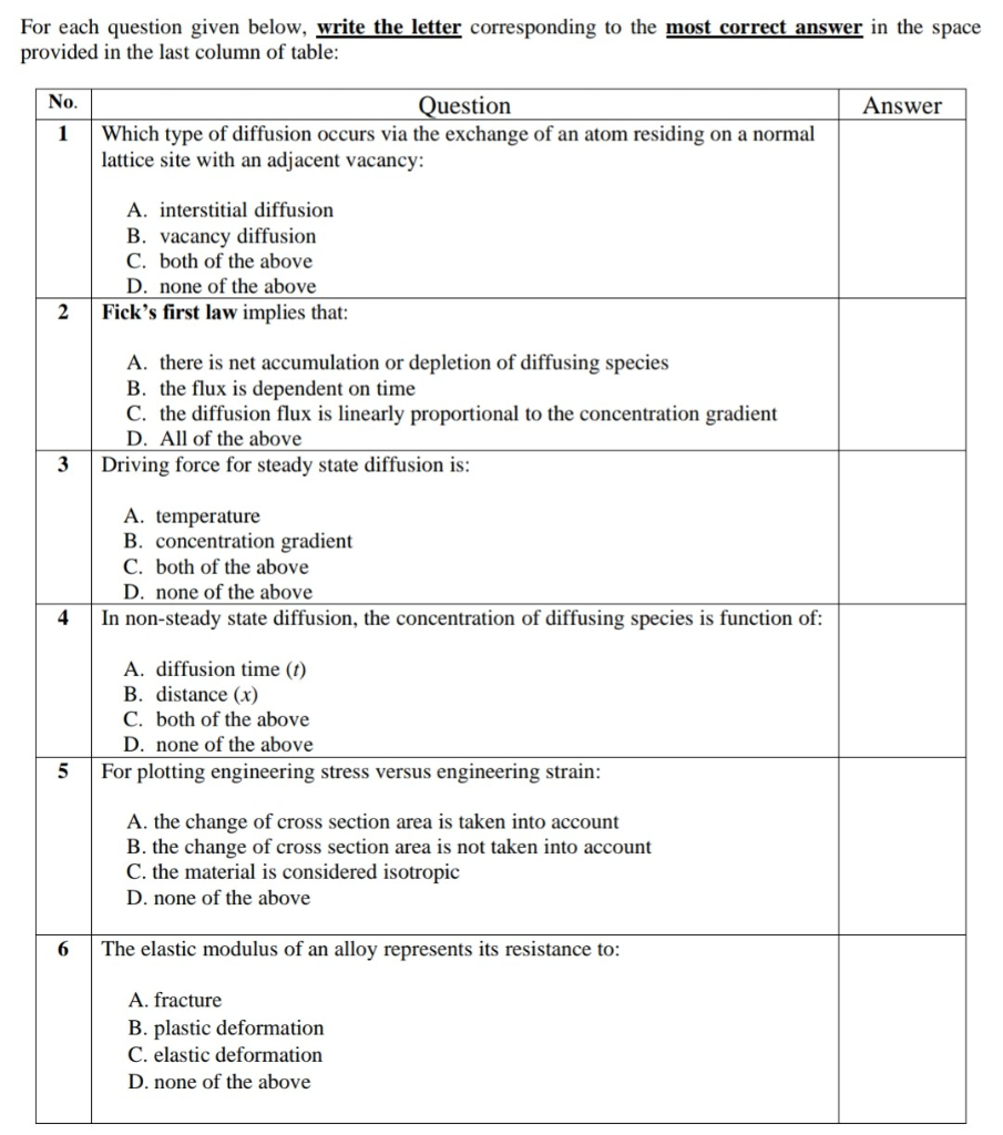 Solved For each question given below, write the letter | Chegg.com