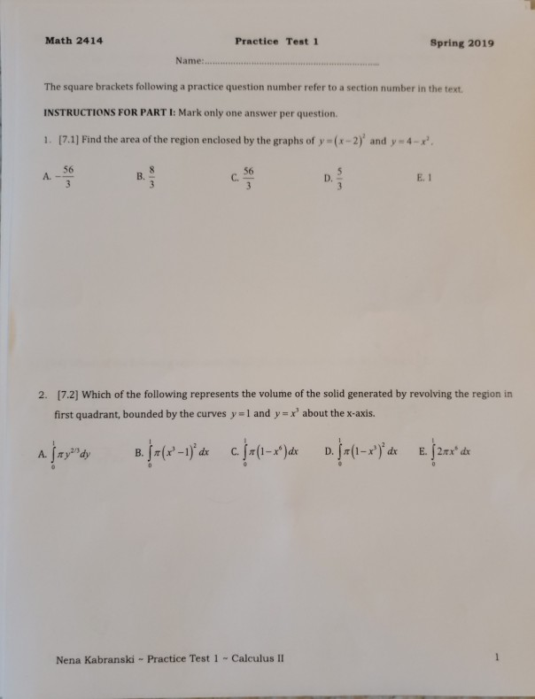 Solved Math 2414 Practice Test 1 Spring 2019 Name:....... | Chegg.com