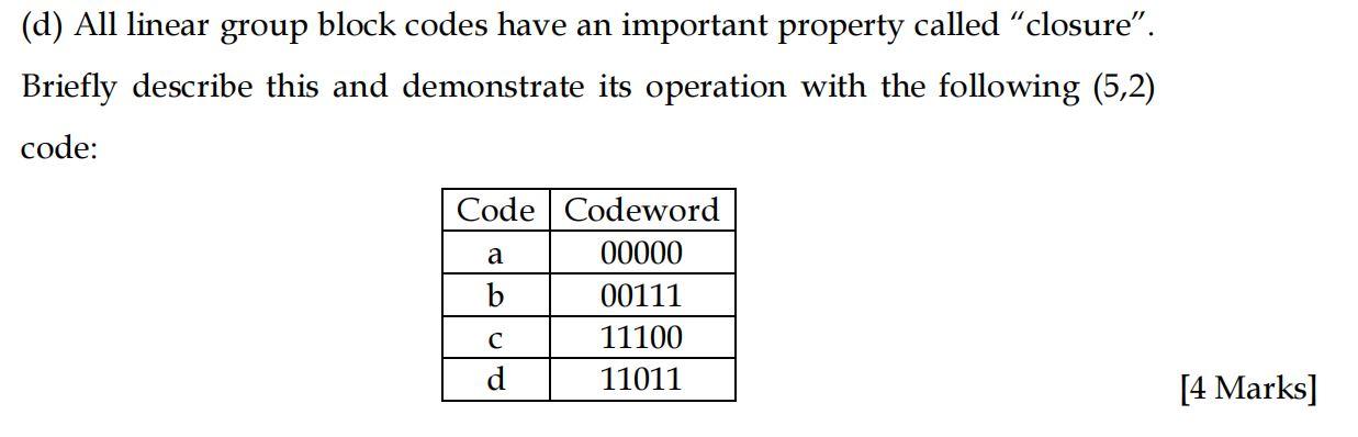 Solved (d) All linear group block codes have an important | Chegg.com