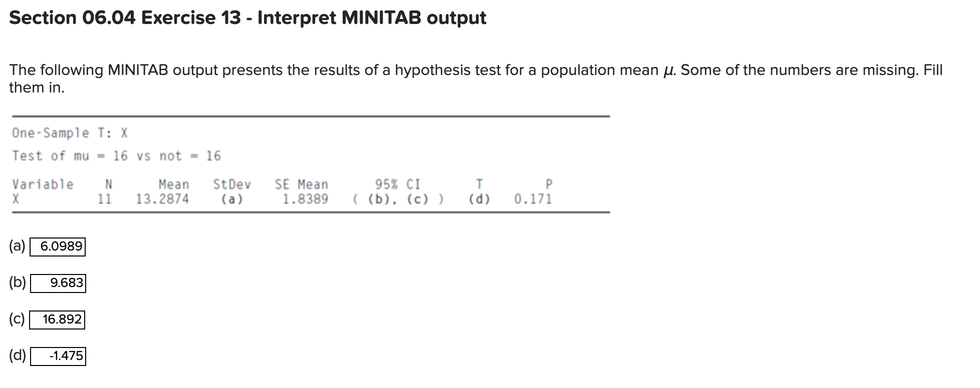Solved Section 06.04 Exercise 13 - Interpret MINITAB output | Chegg.com