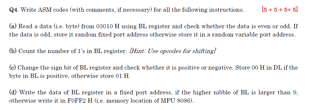 Q4. Write ASM codes (with comments, if necessary) for | Chegg.com