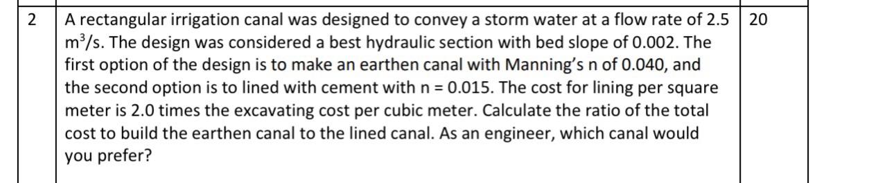 Solved A rectangular irrigation canal was designed to convey | Chegg.com