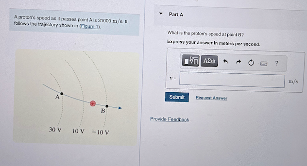 Solved A proton's speed as it passes point A is 31000ms. | Chegg.com
