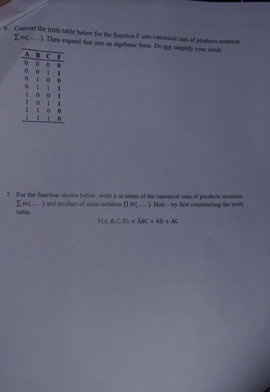 Solved 6 Convert The Truth Table Below For The Function F