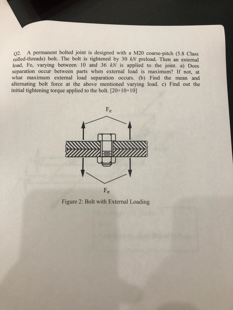 Solved Q2. A permanent bolted joint is designed with a M20 | Chegg.com