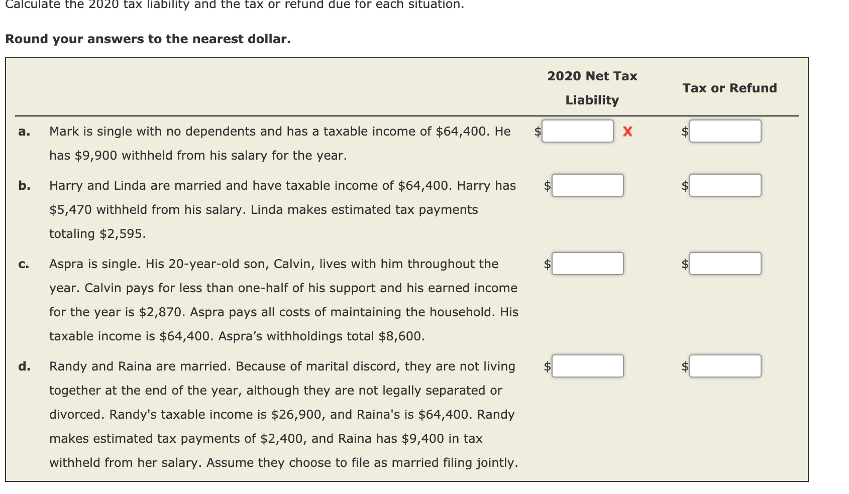 Solved Calculate the 2020 tax liability and the tax or | Chegg.com