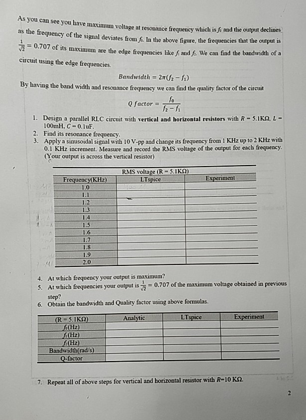 Solved In this experiment you will design a parallel RLC | Chegg.com