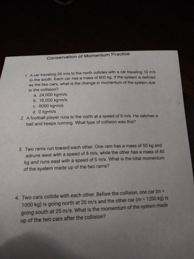 Solved Conservation of Momentum Practice 1. Acar traveling | Chegg.com