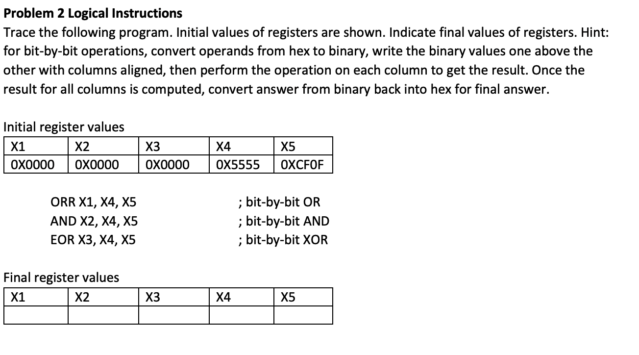 Solved Problem 2 Logical Instructions Trace the following | Chegg.com