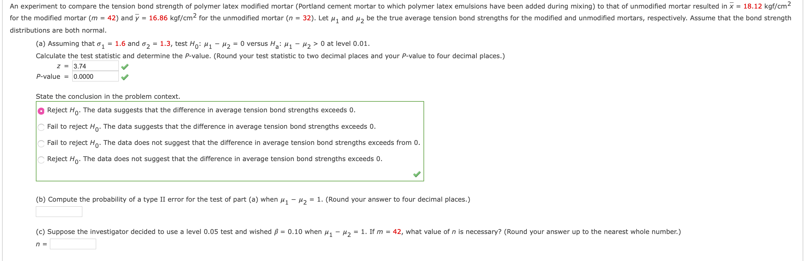 Solved An experiment to compare the tension bond strength of | Chegg.com