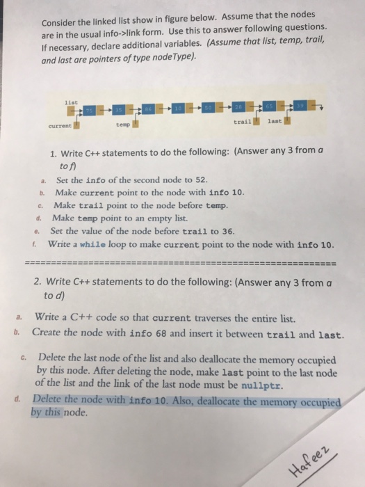 Solved Consider the linked list show in figure below. Assume | Chegg.com