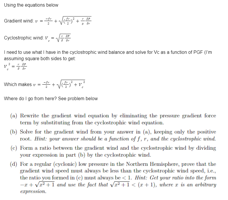 Solved Using the equations belowGradient wind: | Chegg.com