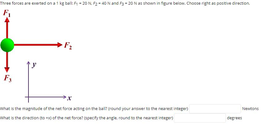 Solved Three forces are exerted on a 1 kg ball: F1-20 N, F2 | Chegg.com