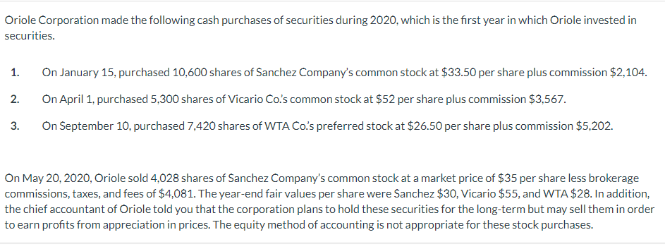 Solved Oriole Corporation made the following cash purchases | Chegg.com