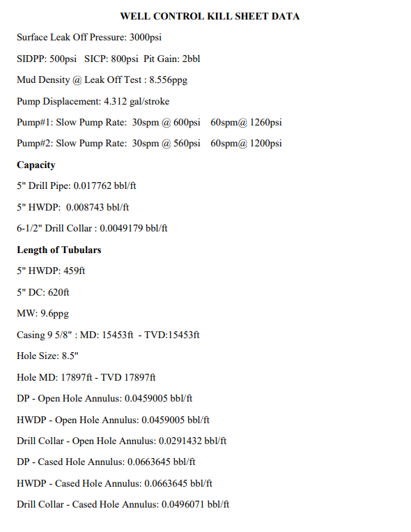 Solved WELL CONTROL KILL SHEET DATA Surface Leak Off | Chegg.com