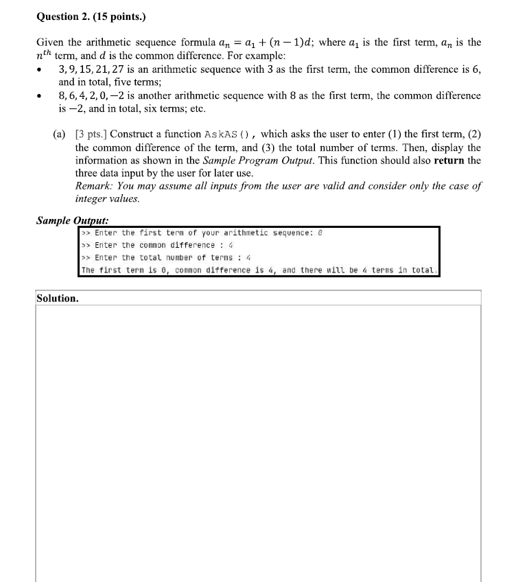 Solved Given the arithmetic sequence formula an=a1+(n−1)d; | Chegg.com