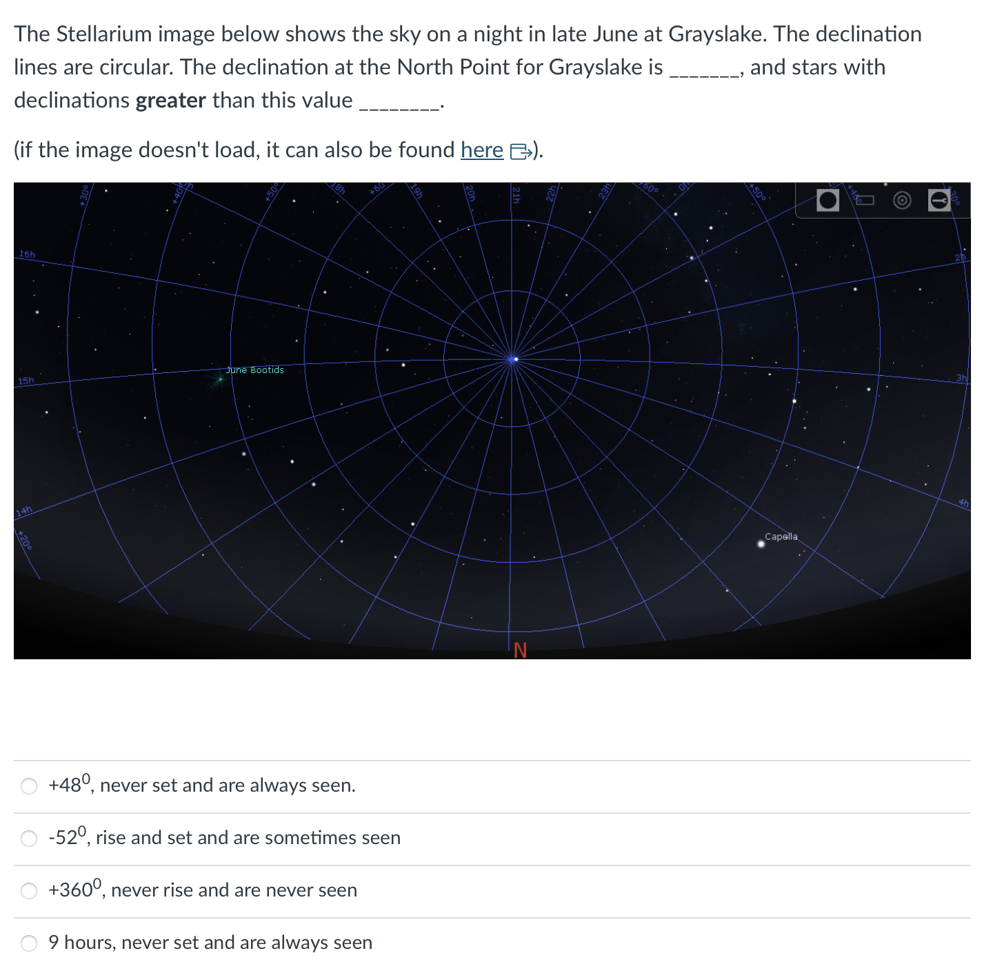 The Stellarium image below shows the sky on a night | Chegg.com