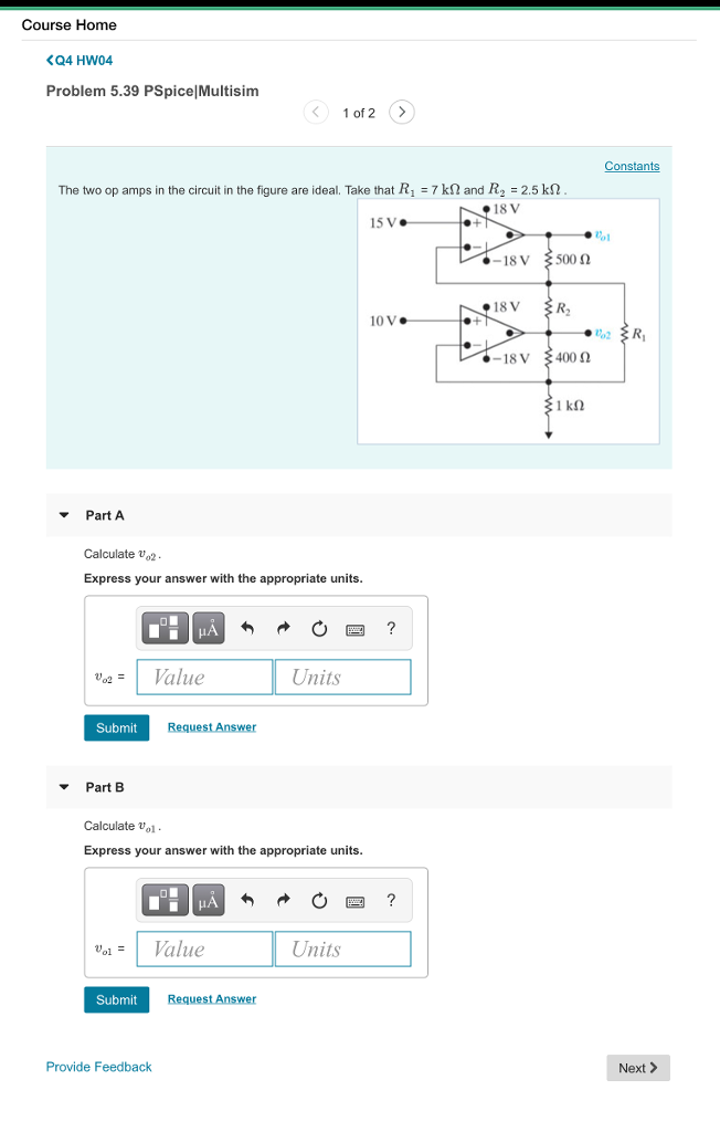 Solved Course Home Q4 HW04 Problem 5.39 PSpiceMultisim 1 of | Chegg.com