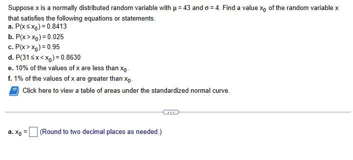 Solved Suppose x is a normally distributed random variable | Chegg.com