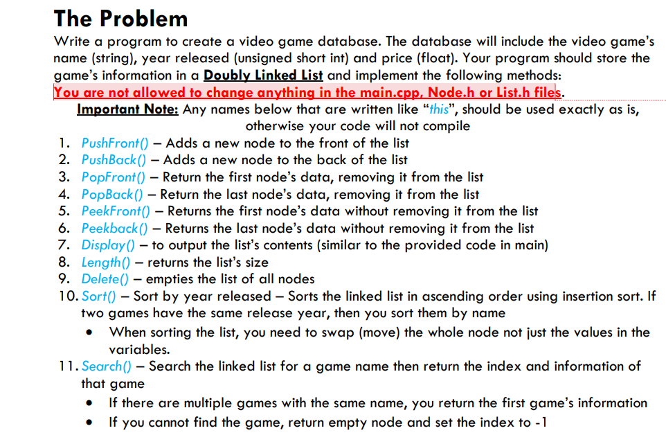 The Problem Write a program to create a video game | Chegg.com