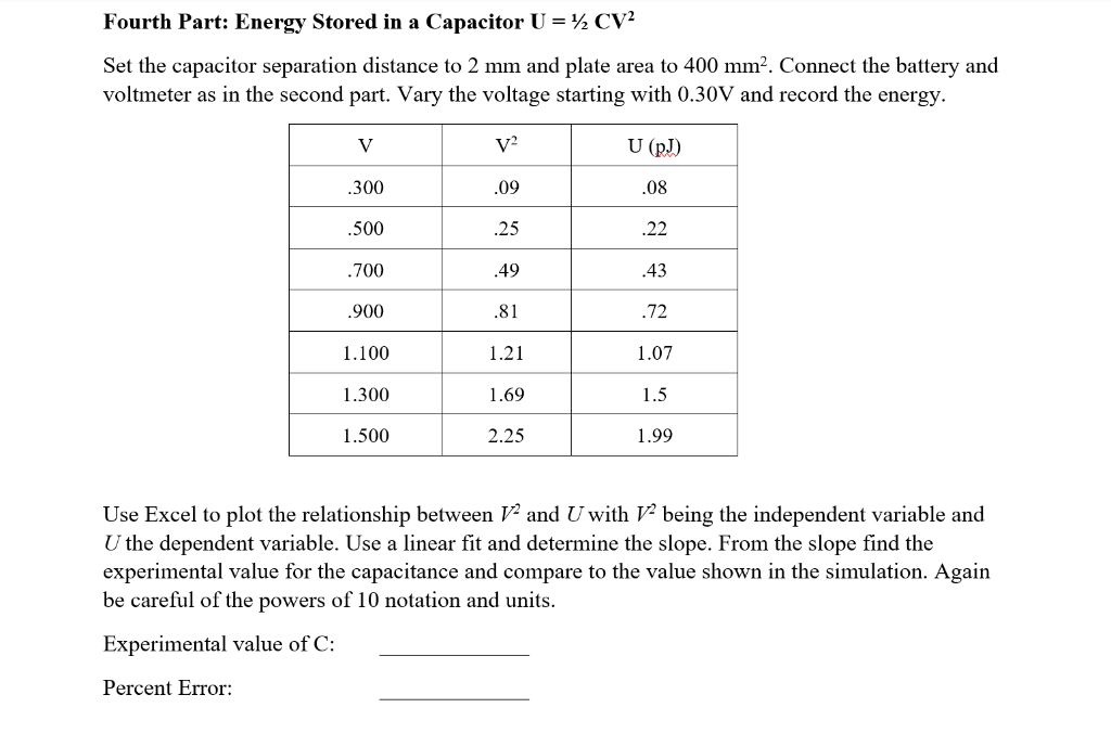 Solved Fourth Part: Energy Stored in a Capacitor U = 12 CV2 | Chegg.com