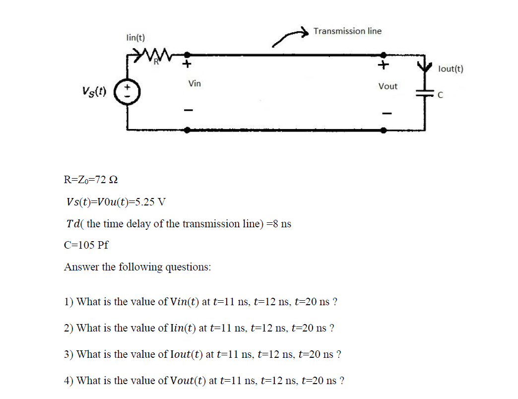 Solved Transmission line lin(t) + lout(t) Vin Vout Vs(t) C | Chegg.com