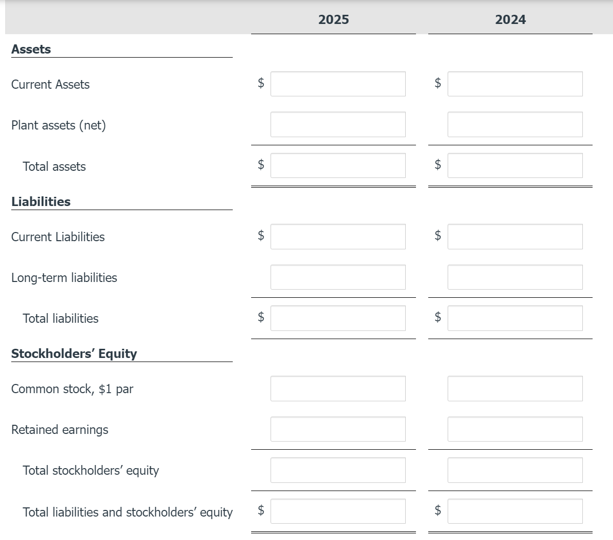 Solved 2025 2024 Assets Current Assets Plant assets (net) | Chegg.com