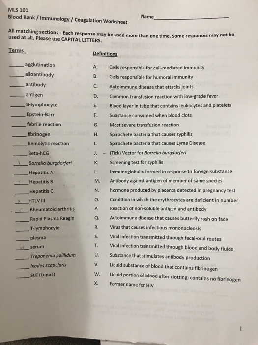 MLS 101 Blood Bank/Immunology/ Coagulation Worksheet | Chegg.com