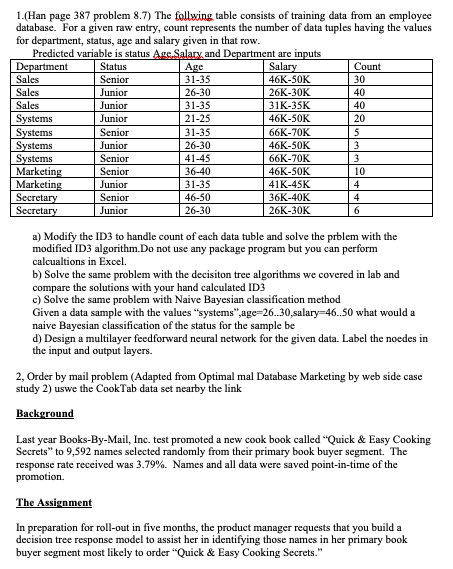 Solved 1.(Han page 387 problem 8.7) The follxing table | Chegg.com