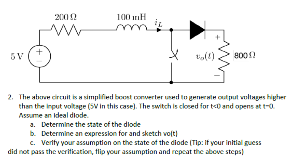 Solved 100 mH 200 12 W il + + 5 V vo(t) 800 S2 2. The above | Chegg.com
