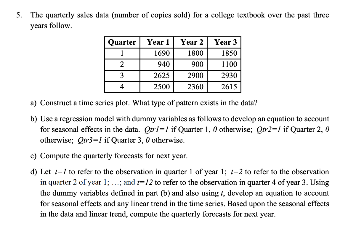 Solved The quarterly sales data (number of copies sold) for | Chegg.com