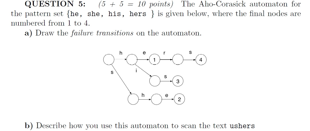 Solved QUESTION 5: (5 + 5 = 10 points) The Aho-Corasick | Chegg.com