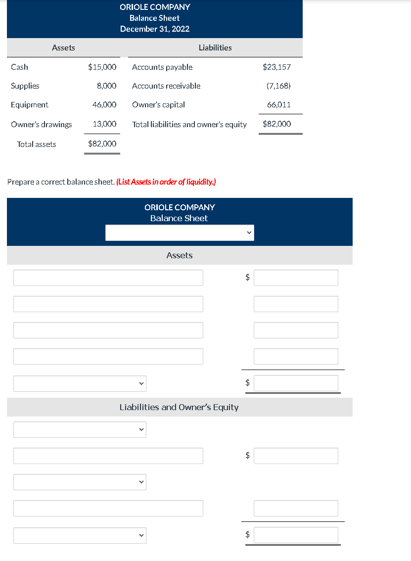 Solved ORIOLE COMPANYBalance SheetDecember 31, 2022Prepare a | Chegg.com