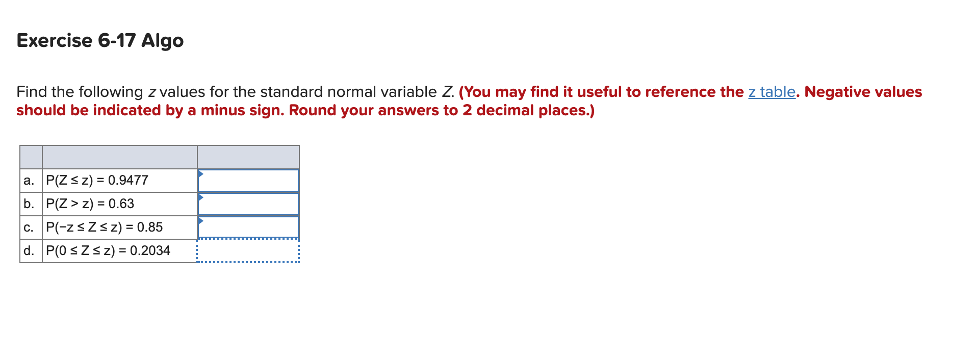 Solved Exercise 6-17 Algo Find the following z values for | Chegg.com