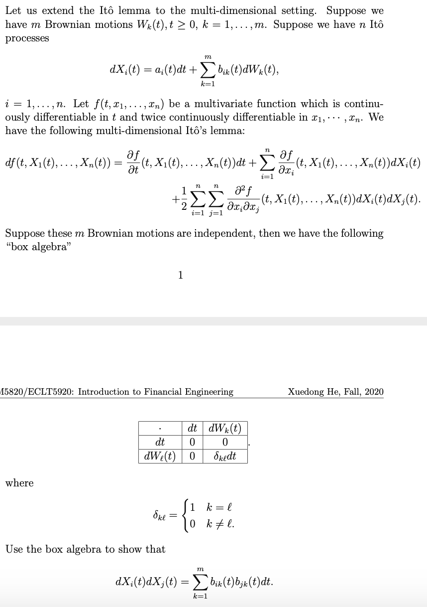 Let us extend the Itô lemma to the multi-dimensional | Chegg.com