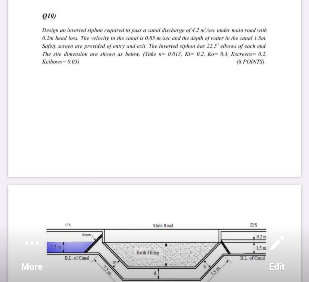 Solved 010) Design an inverted siphon required to pass a | Chegg.com