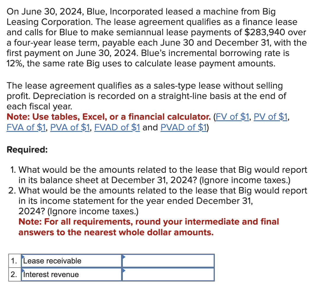 Solved On June 30, 2024, Blue, Incorporated leased a machine | Chegg.com