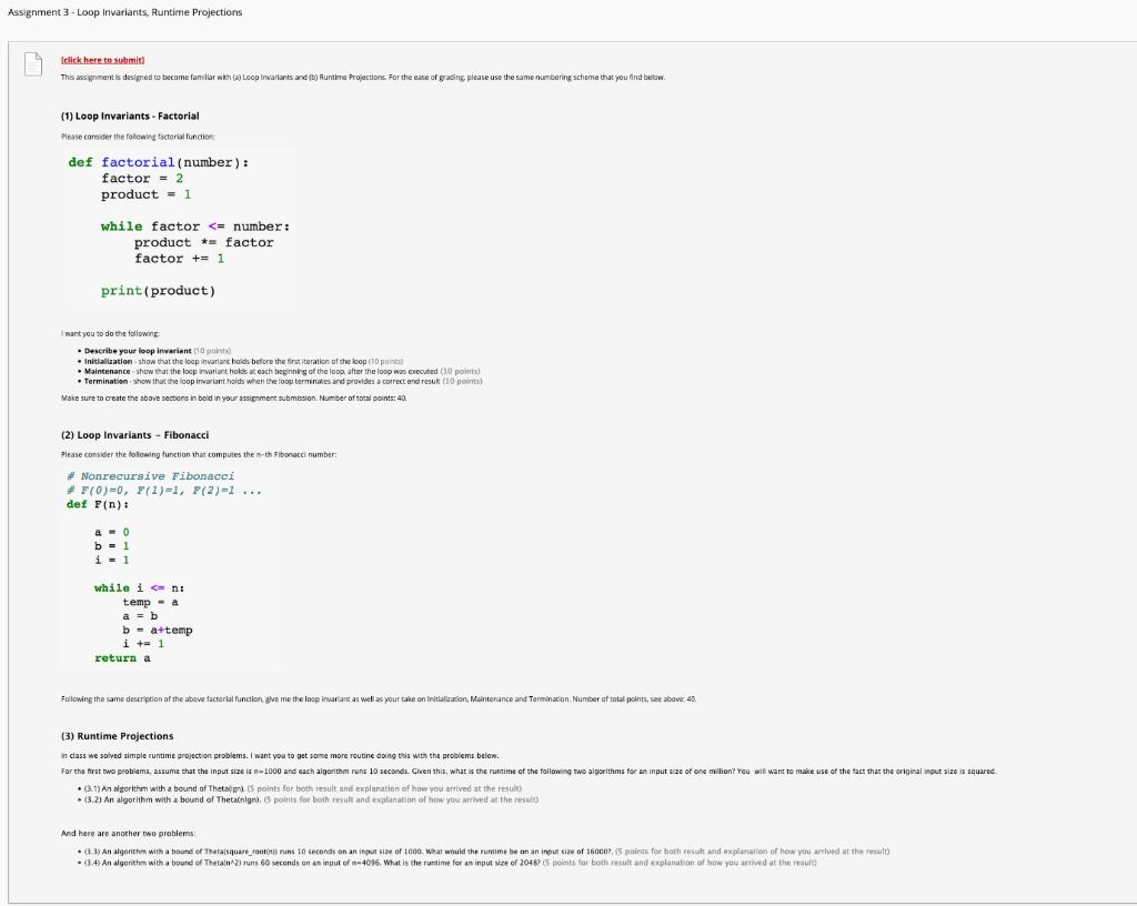 Assignment 3-Loop Invariants, Runtime Projections | Chegg.com