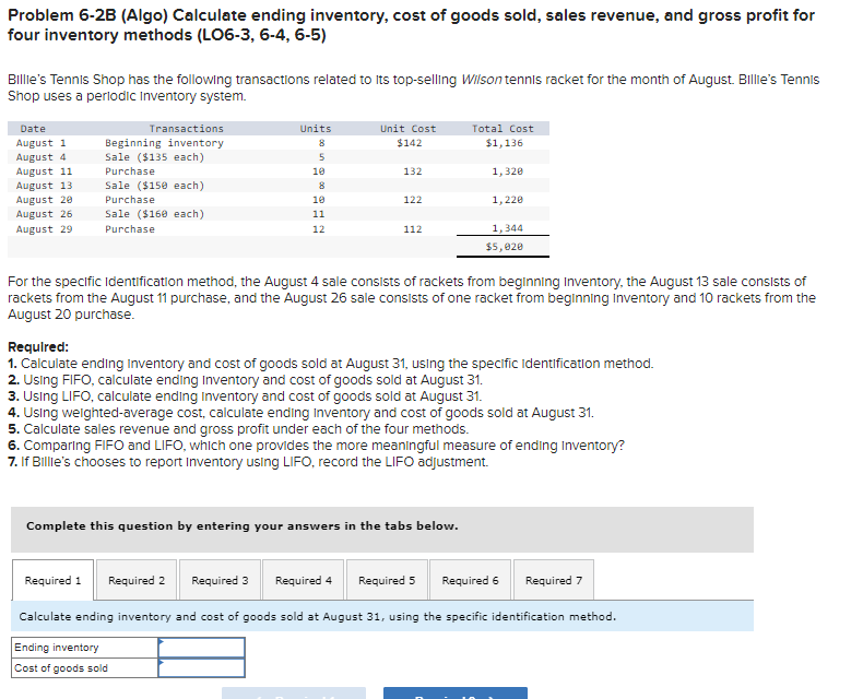 Problem 6-2B (Algo) ﻿Calculate ending inventory, cost | Chegg.com